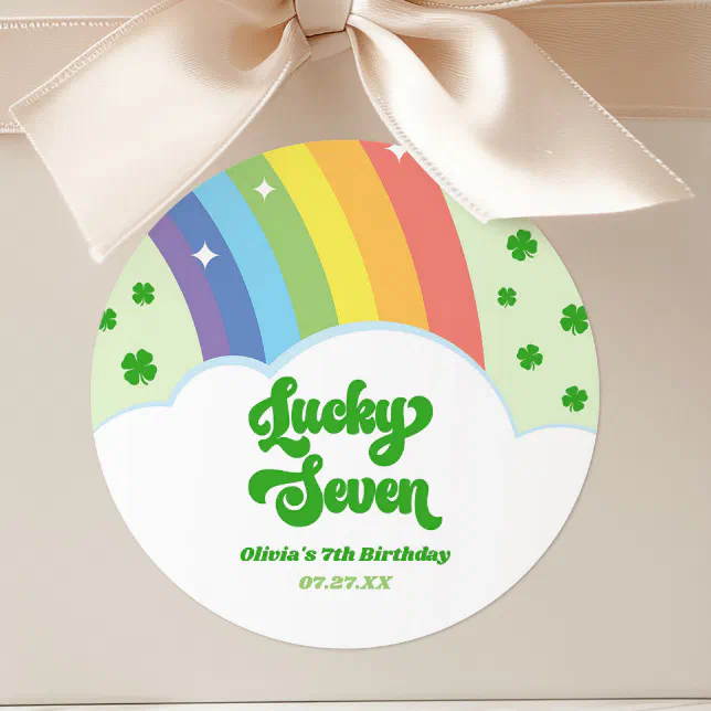Lucky Seven Rainbow Clovers 7th Birthday Party Classic Round Sticker | Zazzle