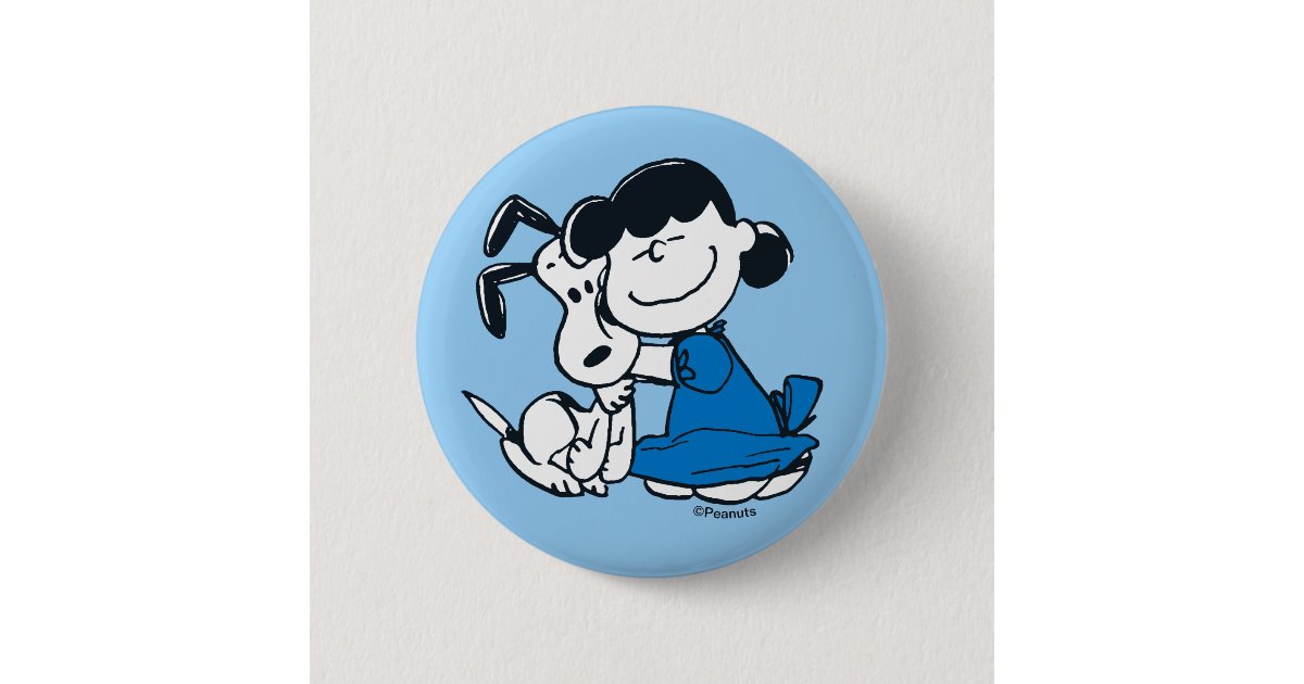Lucy Hugging Snoopy Button | Zazzle