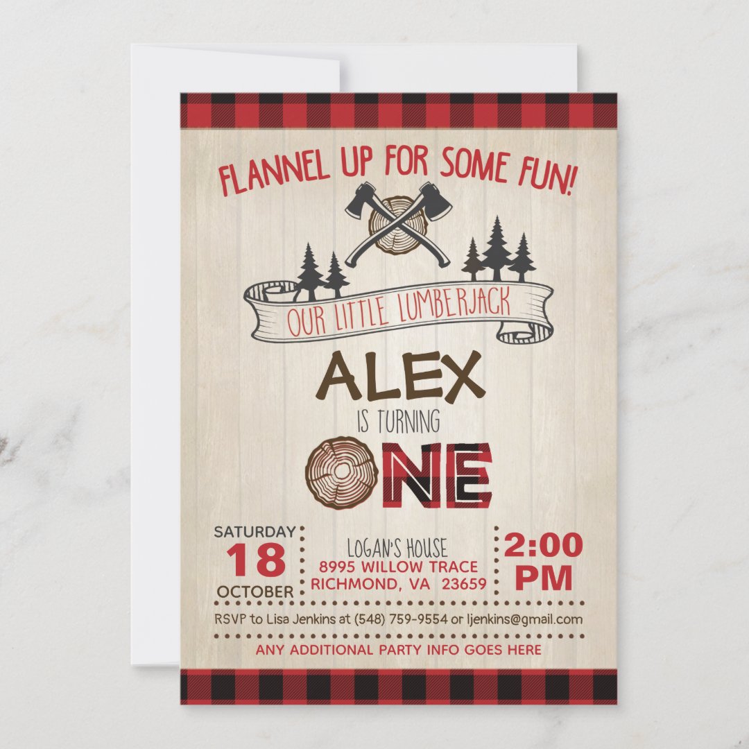 Lumberjack 1st Birthday Invitation - Red | Zazzle