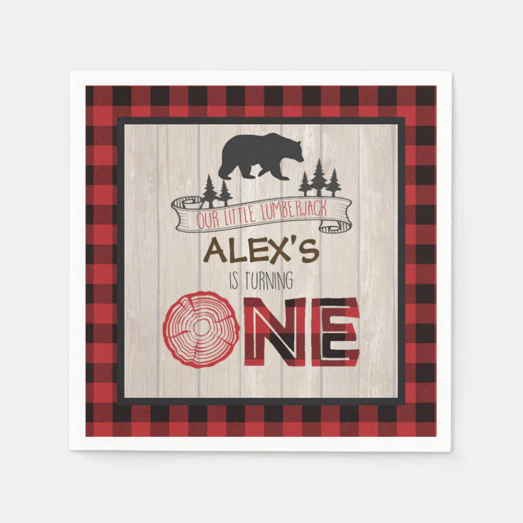 Lumberjack 1st Birthday Napkin - Bear RED | Zazzle
