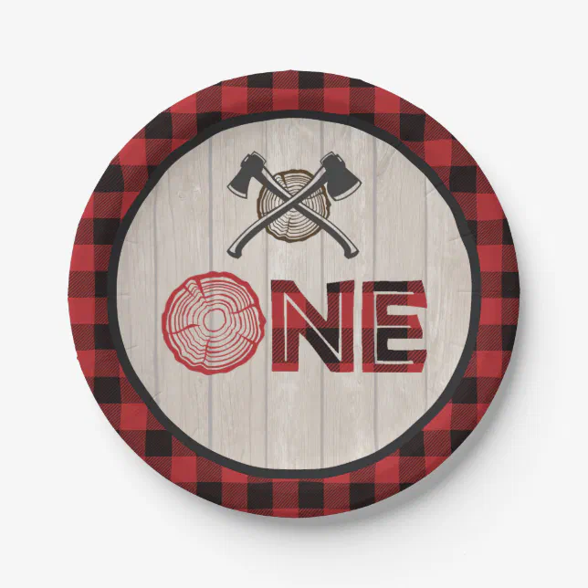 Lumberjack 1st Birthday Paper Plate - Axes ONE Red | Zazzle