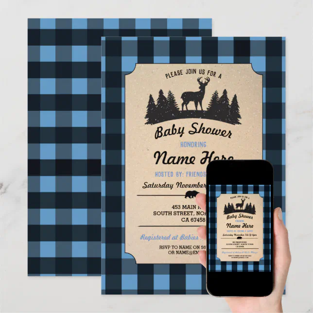 Lumberjack Blue Baby Shower Woodland Invite | Zazzle