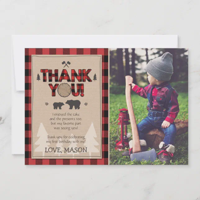 Lumberjack Buffalo Plaid Birthday Thank You Card | Zazzle