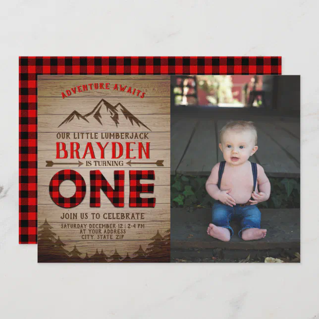 Lumberjack Buffalo Plaid Boys First Birthday Photo Invitation | Zazzle