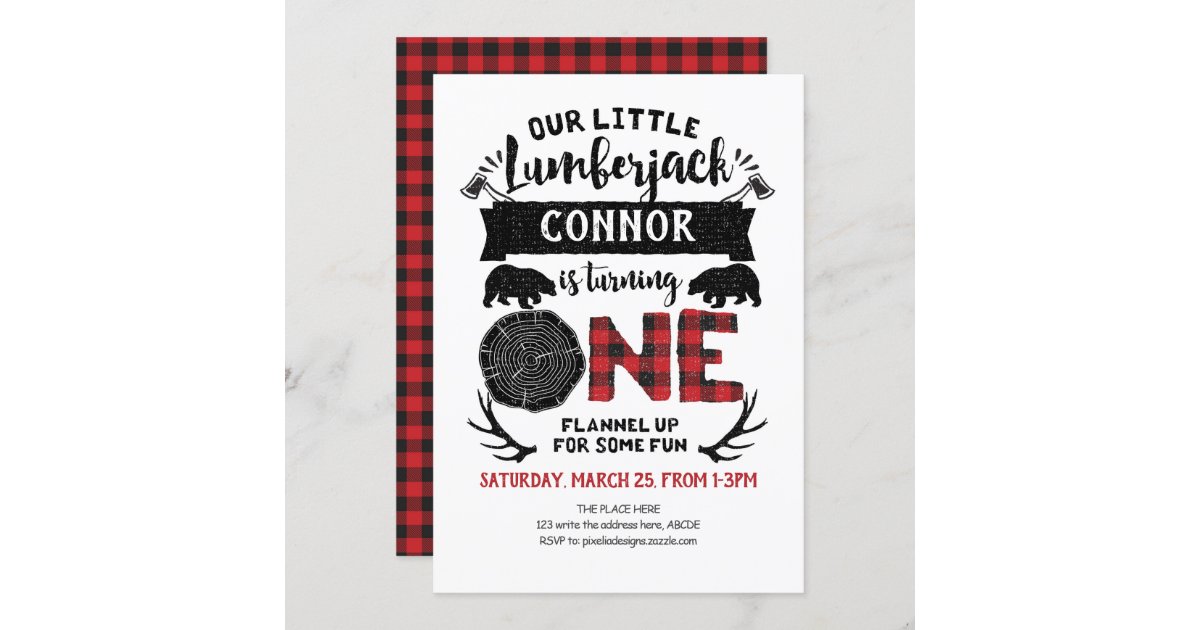 Lumberjack, Buffalo Plaid, Woodland, 1st Birthday Invitation | Zazzle