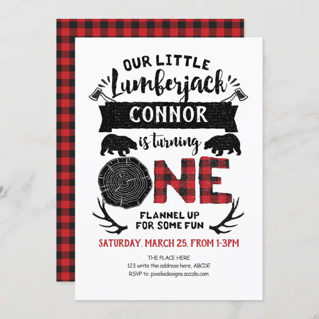 Lumberjack, Buffalo Plaid, Woodland, 1st Birthday Invitation | Zazzle