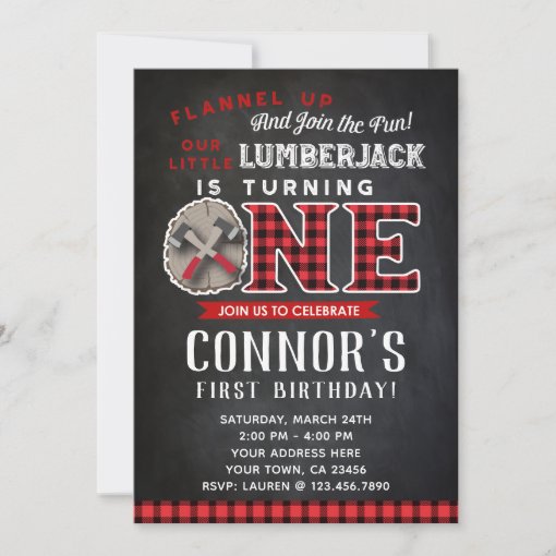 Lumberjack First Birthday Invitation Chalkboard | Zazzle