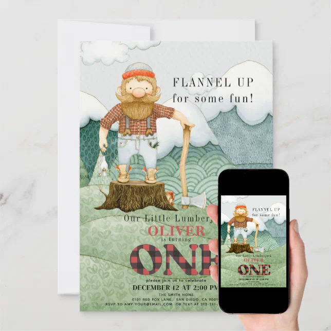 Lumberjack Mountains Buffalo Plaid 1st Birthday Invitation | Zazzle