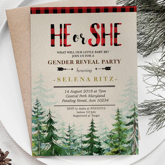 Lumberjack Red Plaid Gender Reveal Invite | Zazzle