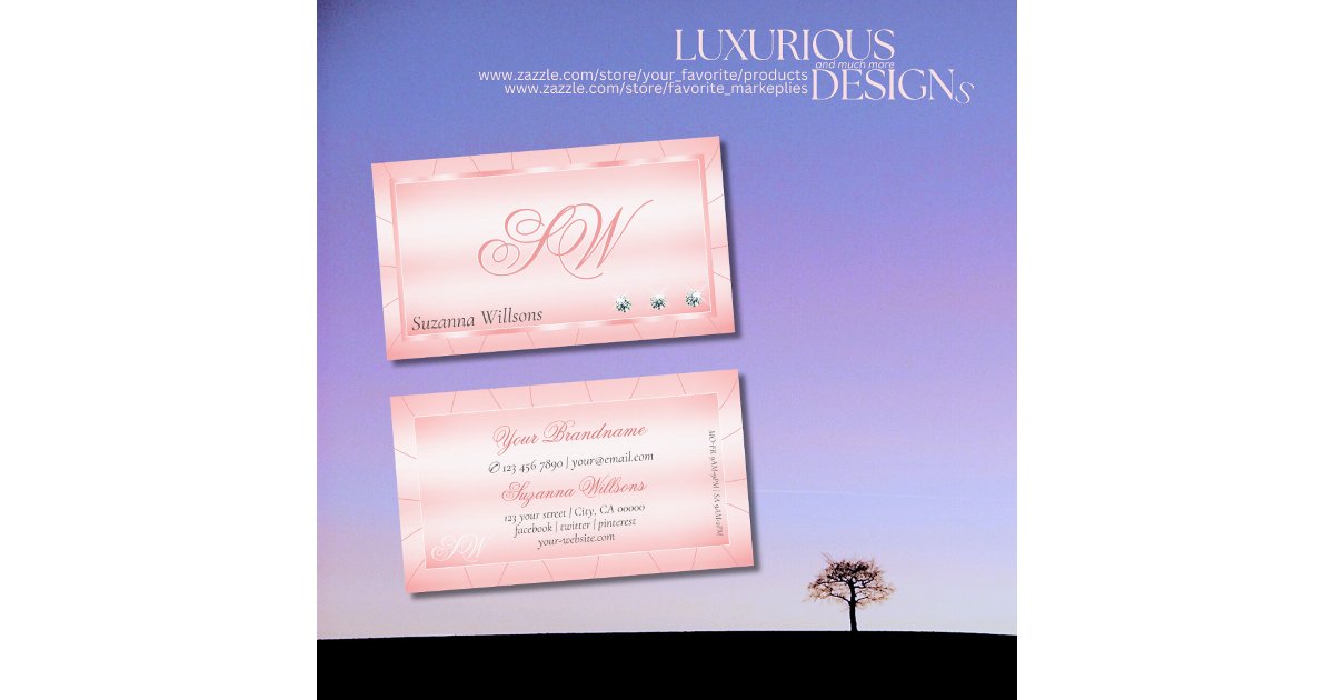 Luminous Pink with Diamonds and Monogram Glamorous Business Card | Zazzle