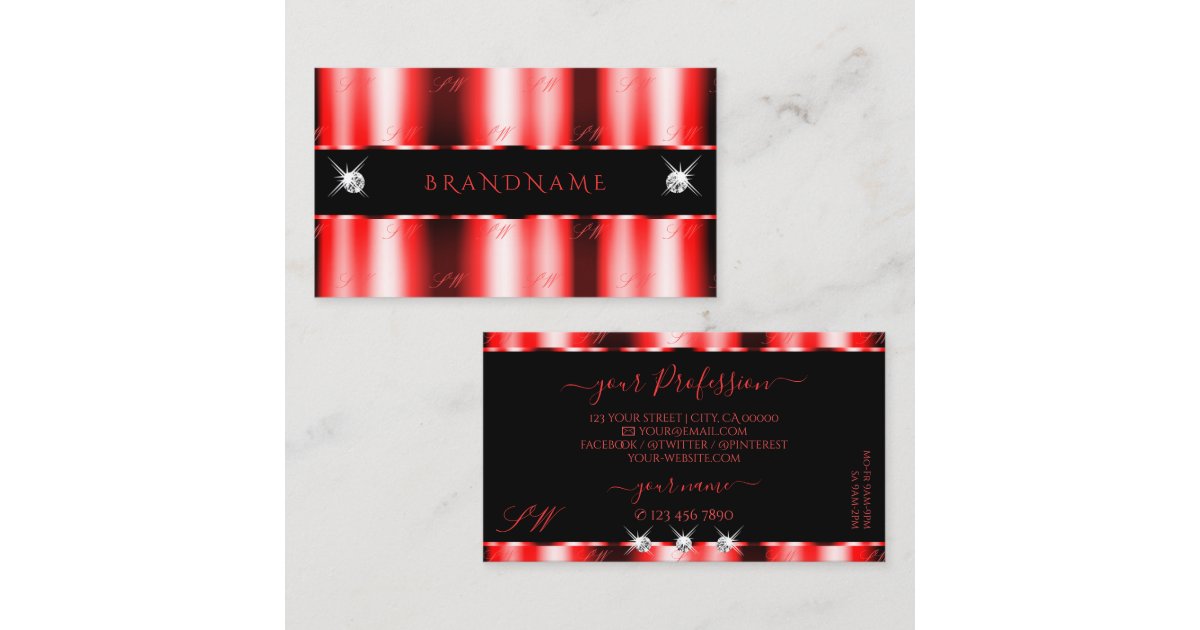 Luminous Red Black Sparkle Jewels Monogram Stylish Business Card | Zazzle