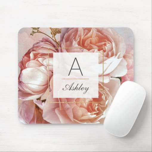 LUMINOUS ROSE Elegant Modern Floral Monogram Mouse Pad | Zazzle