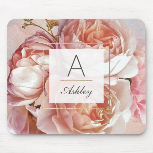 LUMINOUS ROSE Elegant Modern Floral Monogram Mouse Pad | Zazzle