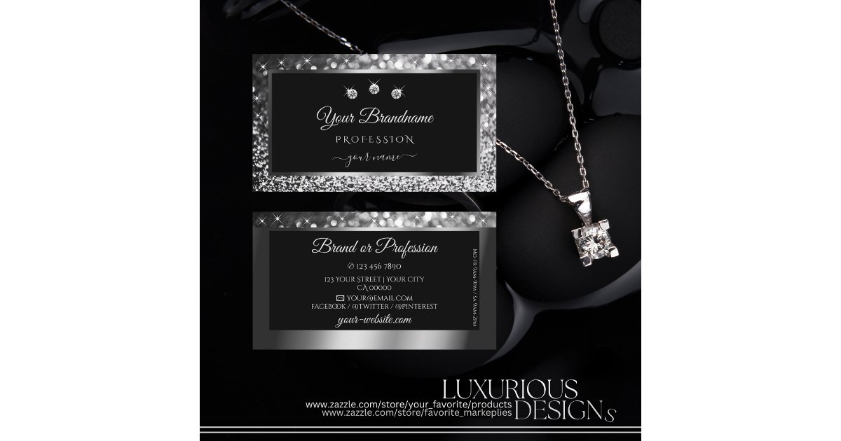 Luminous Silver Sparkle Glitter Diamonds Black Business Card | Zazzle