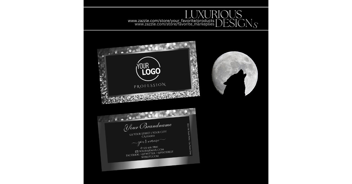 Luminous Silver Sparkle Glitter Logo Black Elegant Business Card | Zazzle