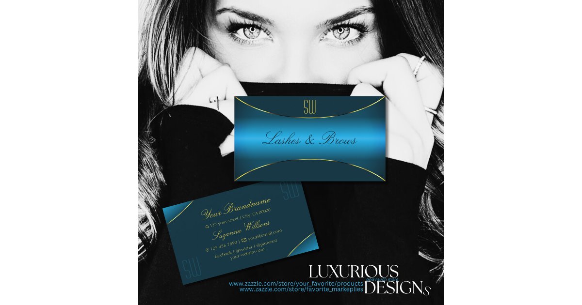 Luminous Teal with Gold Border and Monogram Modern Business Card | Zazzle