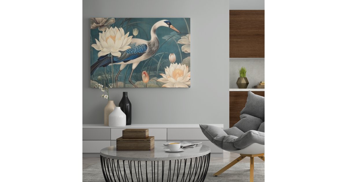 Luminous Wetland Depth & Teal Crane Study Metal Print | Zazzle