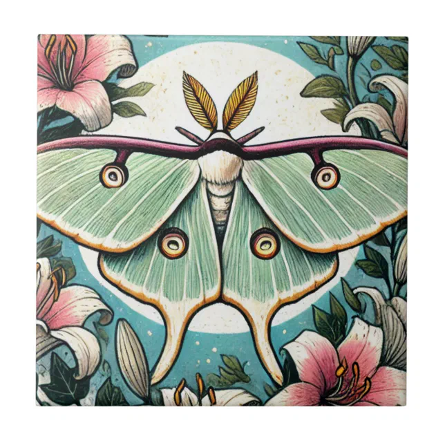 Luna Moth illustration lilies luna moths Ceramic Tile | Zazzle