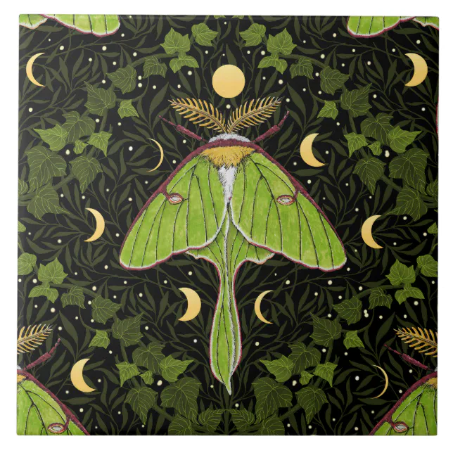 Luna moth, moon phases and ivy damask 2 ceramic tile | Zazzle