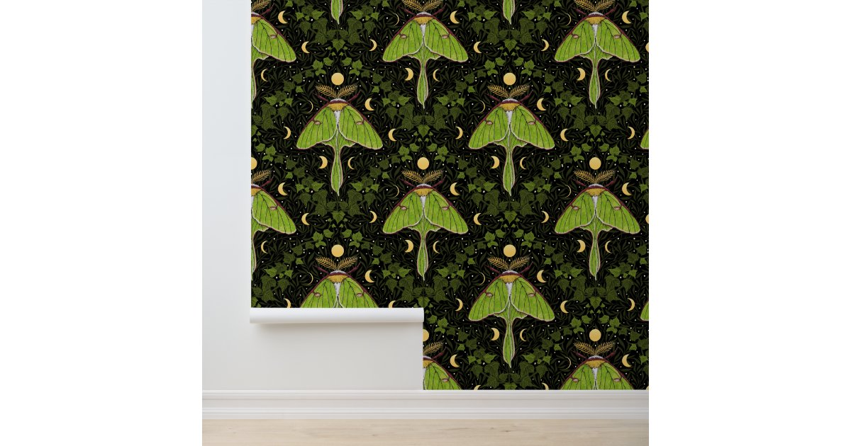 Luna moth, moon phases and ivy damask 2 wallpaper | Zazzle
