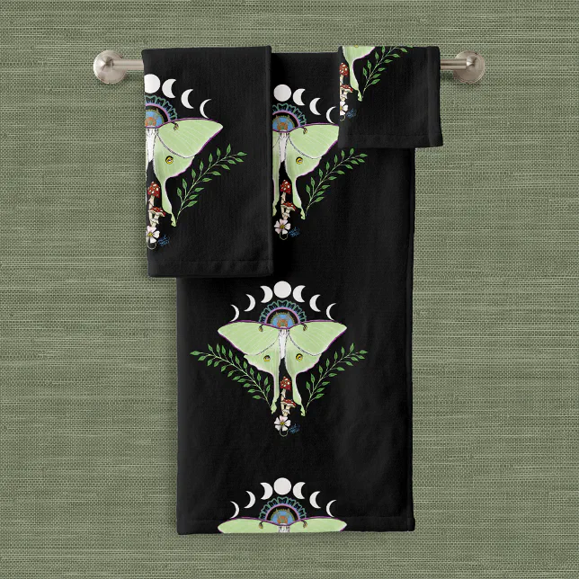 Luna Moth Moon Phases Black Bath Towel Set | Zazzle