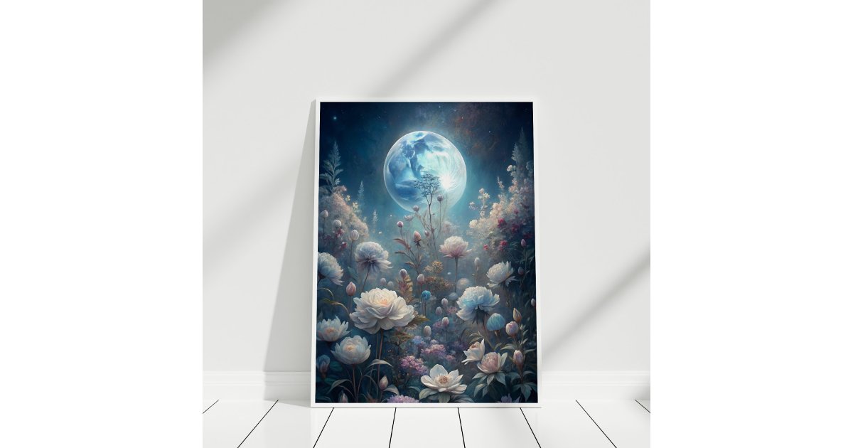 Lunar Bloom – Full Moon and Wildflower Garden Art Poster | Zazzle