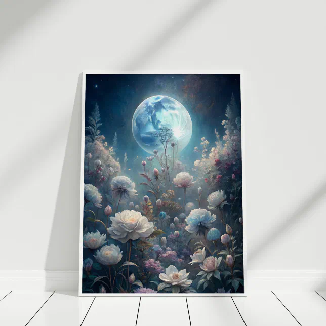 Lunar Bloom – Full Moon and Wildflower Garden Art Poster | Zazzle