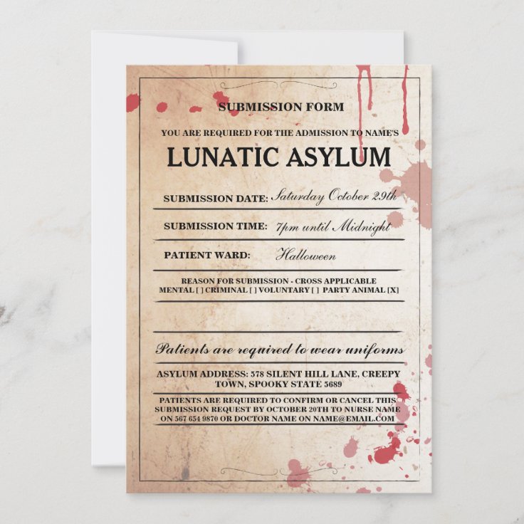 Lunatic Asylum Form Halloween Party Invite | Zazzle