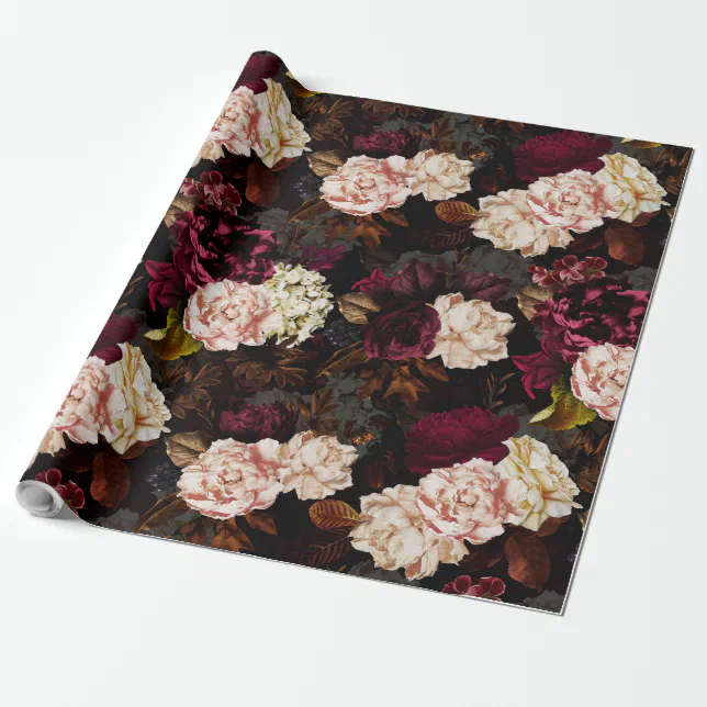 Lush baroque antique peony flowers on black wrapping paper | Zazzle
