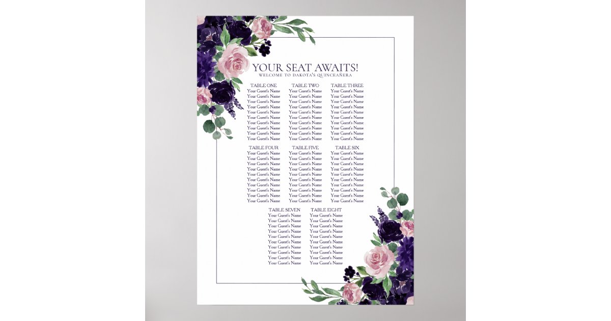 Lush Blossoms | Purple and Pink Rose Seating Chart | Zazzle