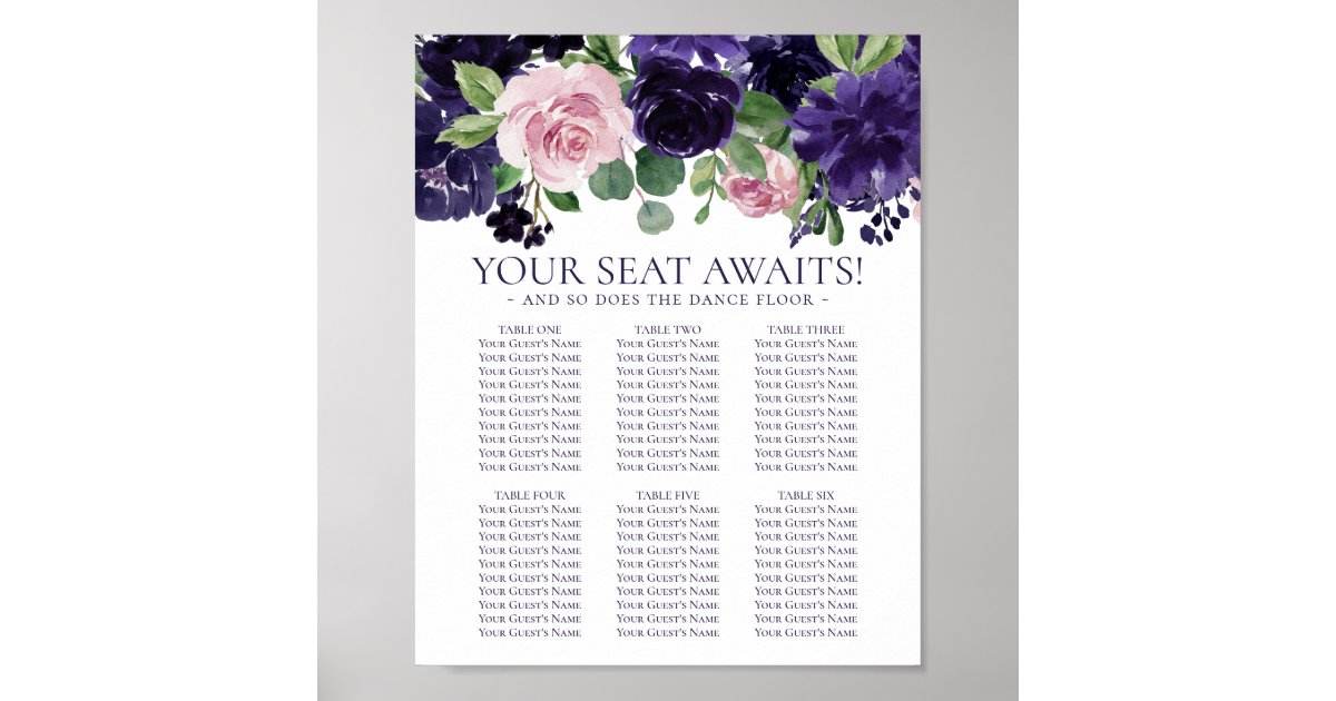 Lush Blossoms | Purple and PInk Rose Seating Chart | Zazzle