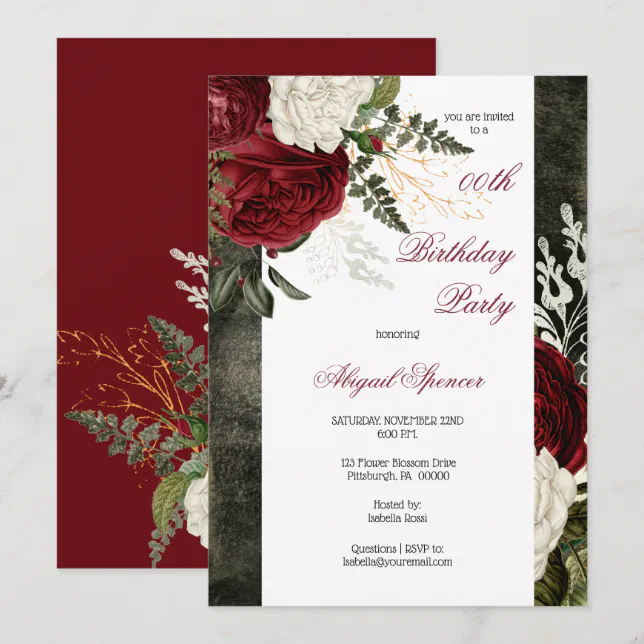 Lush Burgundy Floral Adult Birthday Party Invitation | Zazzle