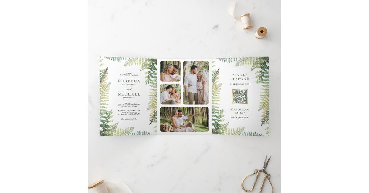 Lush Green Ferns Photo Collage QR Code Wedding Tri-Fold Invitation | Zazzle