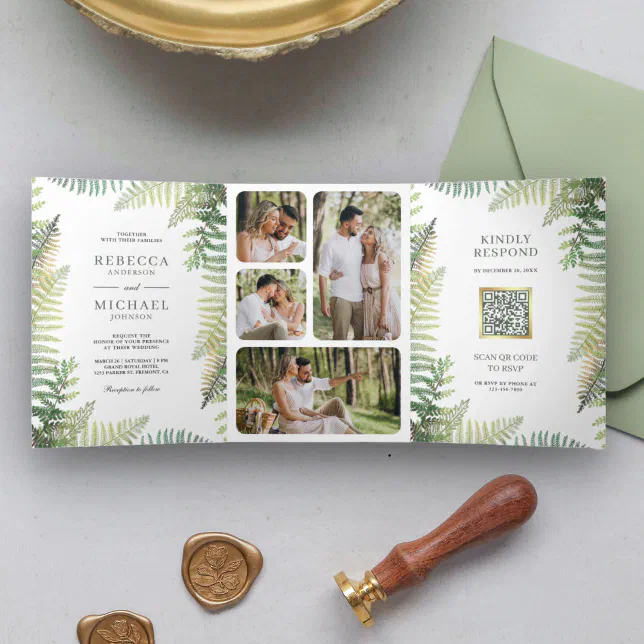 Lush Green Ferns Photo Collage QR Code Wedding Tri-Fold Invitation | Zazzle
