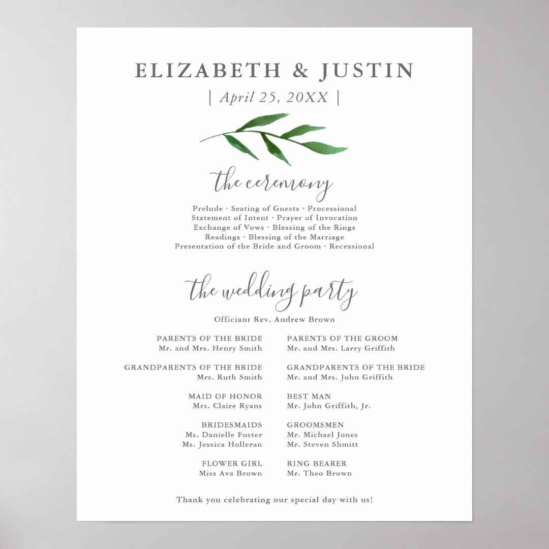 Lush Leaves Elegant Wedding Ceremony Program Sign | Zazzle