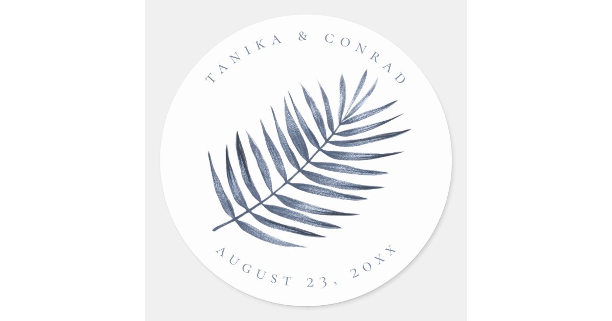Lush Palm Leaf Wedding Blue ID956 Classic Round Sticker | Zazzle