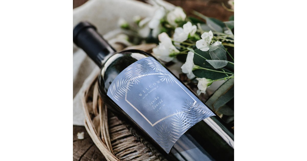 Lush Palm Leaf Wedding Welcome Windsor Blue ID956 Wine Label | Zazzle