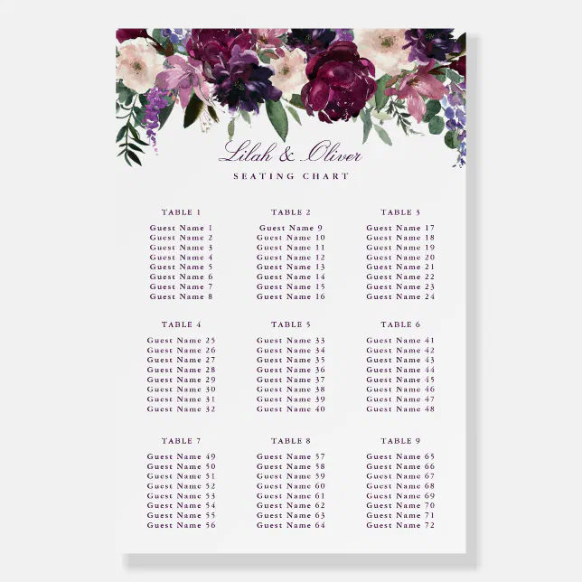 Lush Purple Flowers Romantic Wedding Seating Chart Foam Board | Zazzle