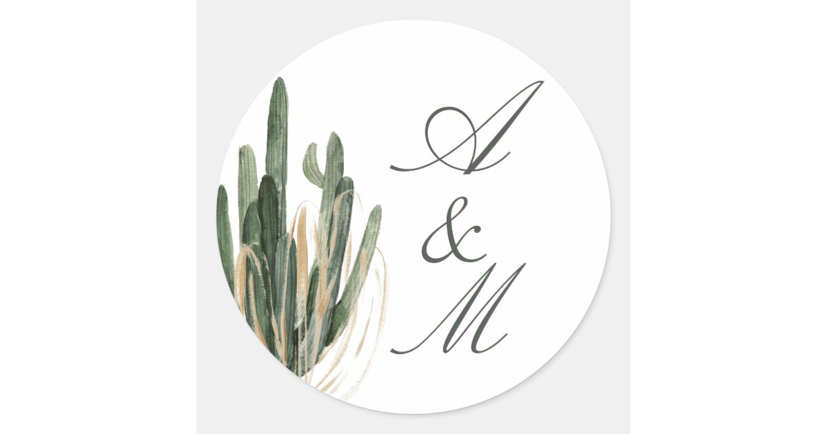 Lush Watercolour Desert Cactus Monogram Classic Round Sticker | Zazzle