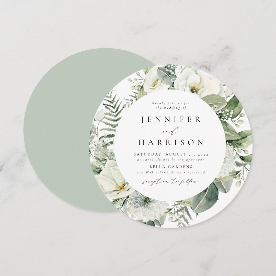 Lush White Flowers and Greenery Circle Wedding Invitation | Zazzle