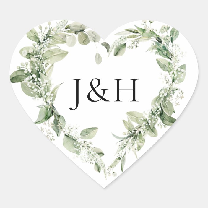 Lush White Flowers and Greenery Monogram Wedding Heart Sticker | Zazzle