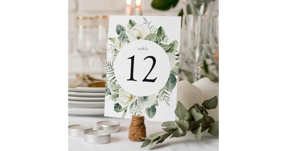 Lush White Flowers and Greenery Wedding Table Number | Zazzle