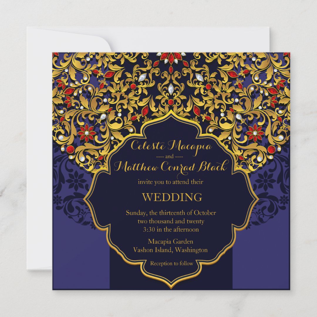 Lux Jeweled Gold Red Blue Hindu Wedding Invitation | Zazzle