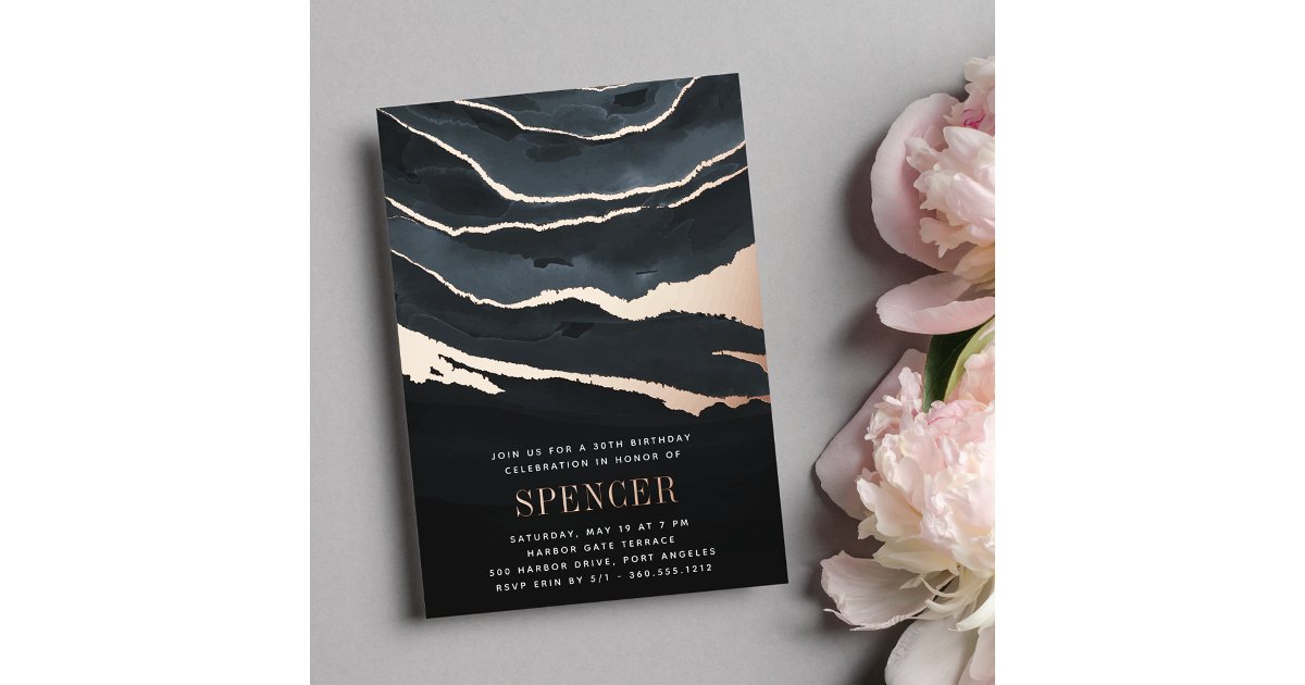 Luxe Dark Marble Birthday Party or Any Occasion Foil Invitation | Zazzle