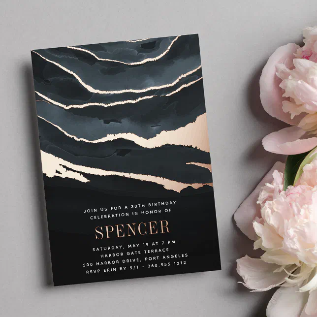 Luxe Dark Marble Birthday Party or Any Occasion Foil Invitation | Zazzle