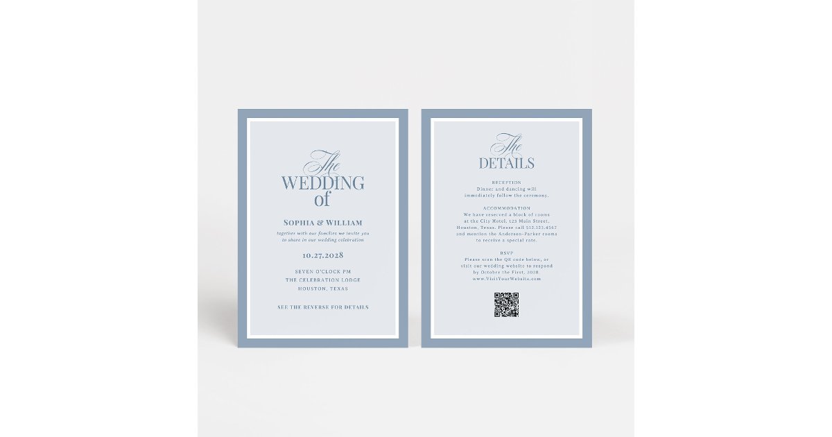 Luxe Dusty Blue with RSVP QR Code | Wedding Invitation | Zazzle