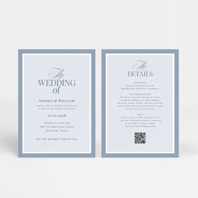 Luxe Dusty Blue with RSVP QR Code | Wedding Invitation | Zazzle