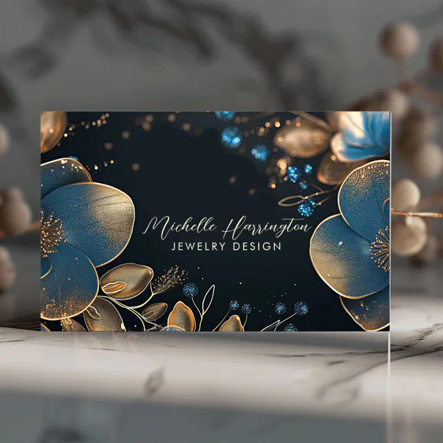Luxe Elegance Blue and Gold Floral Jewelry Design Business Card | Zazzle
