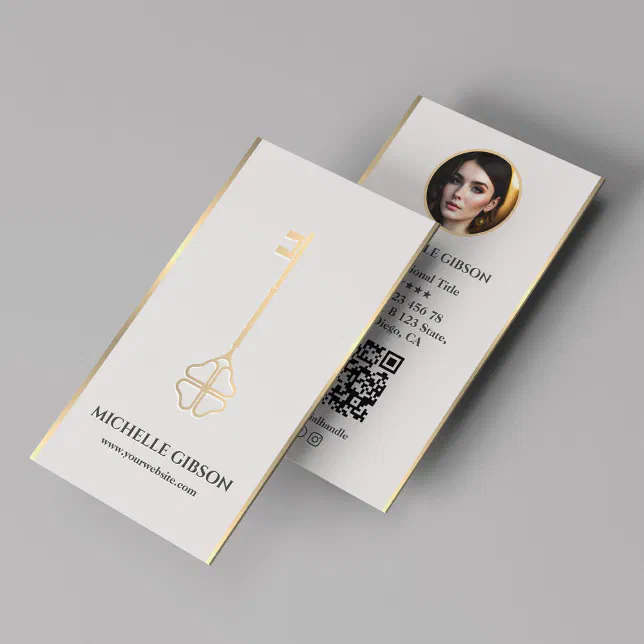 Luxe Faux Gold Key Photo Light Sand Realtor QR Business Card | Zazzle