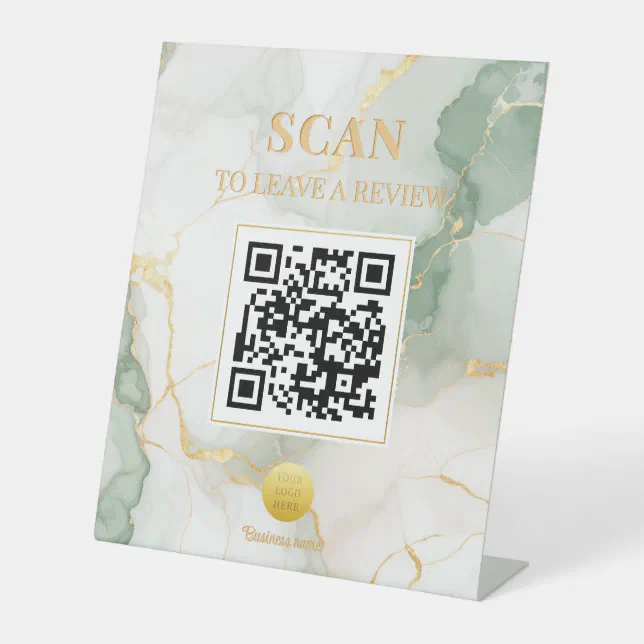 Luxe Feminine Marble Sage Green Gold QR Code Pedestal Sign | Zazzle